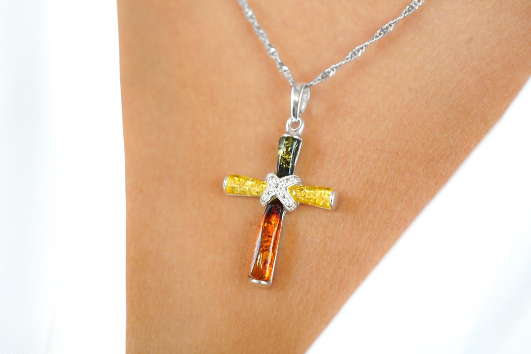 Elegant Silver and Amber Cross, Baltic Amber Cross Necklace, Multi ...