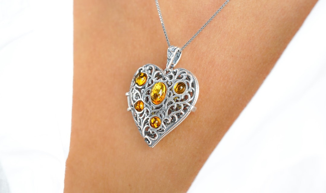 Genuine Amber Heart Locket Necklace, Sterling Silver and Amber Locket ...