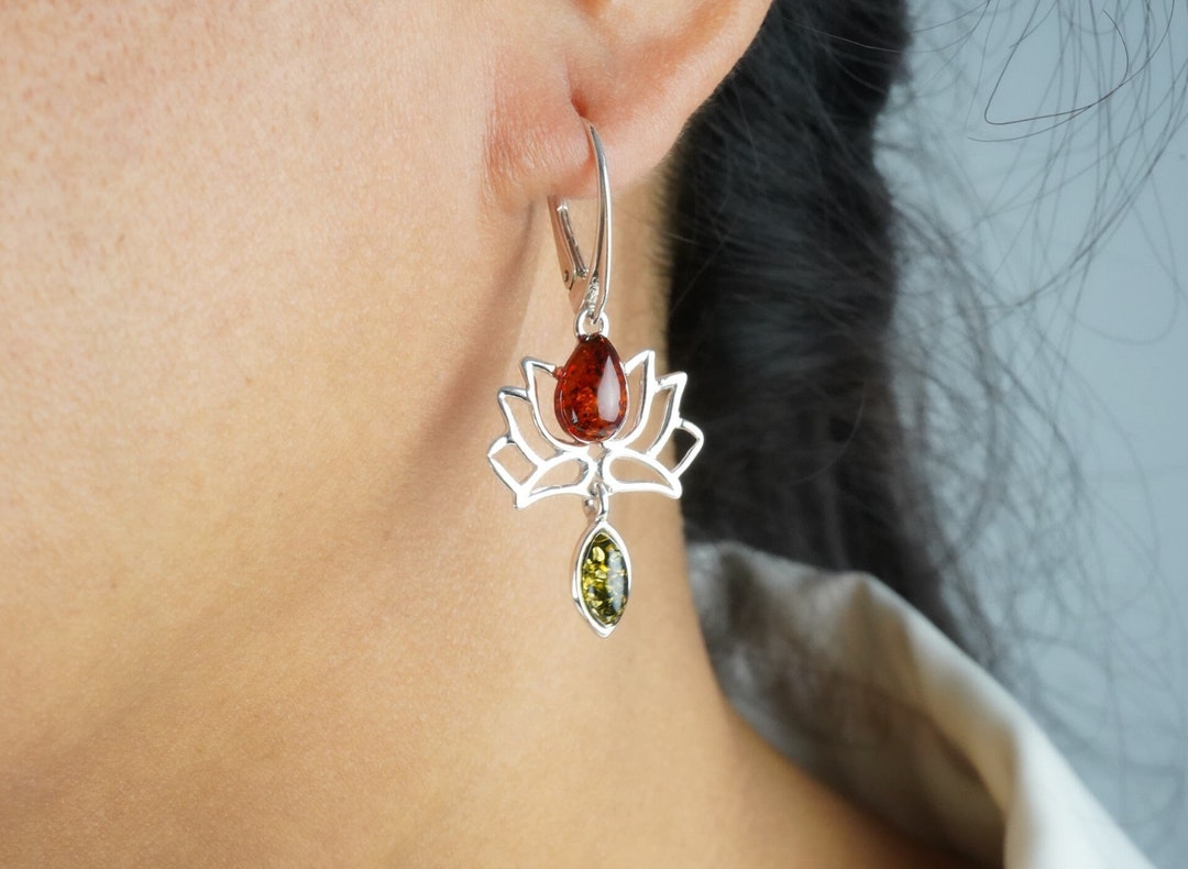 Silver and Amber Lotus Flower Earrings, Silver Lotus Flower Earrings ...