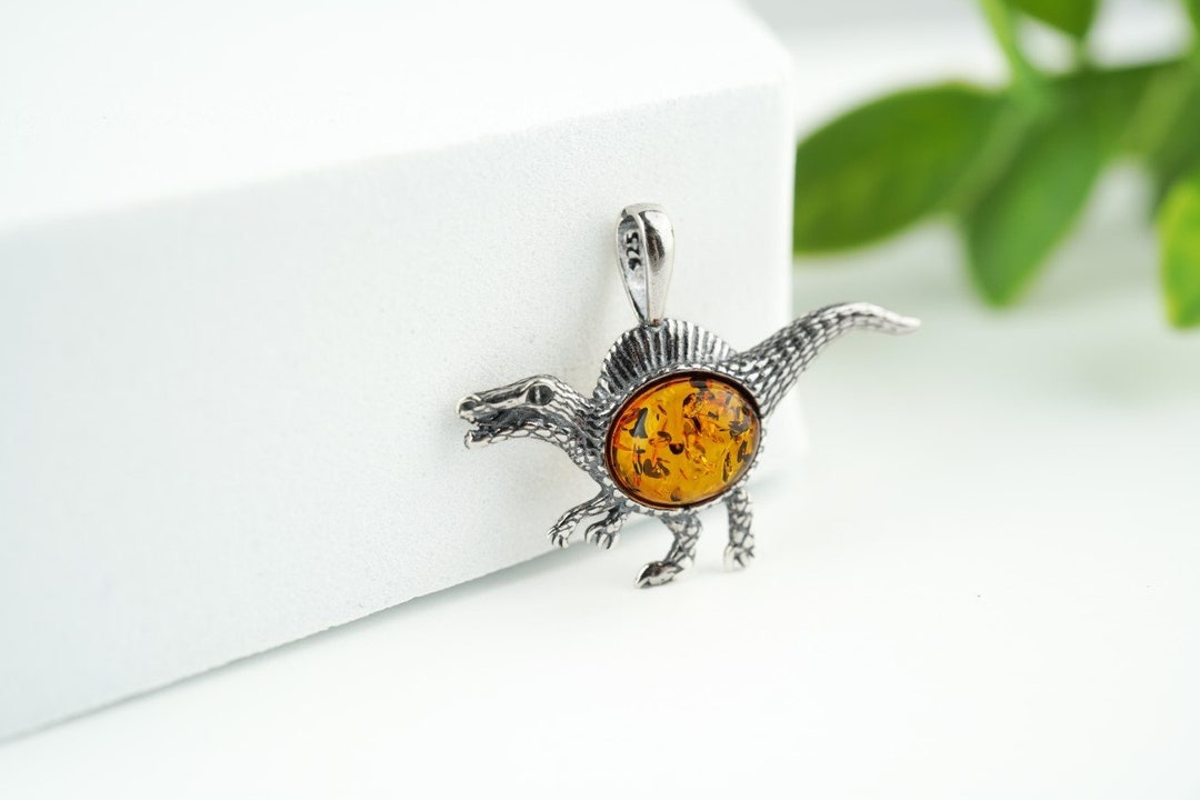 Small Silver Spinosaurus Pendant, Amber Stone Dinosaur Necklace, Small ...