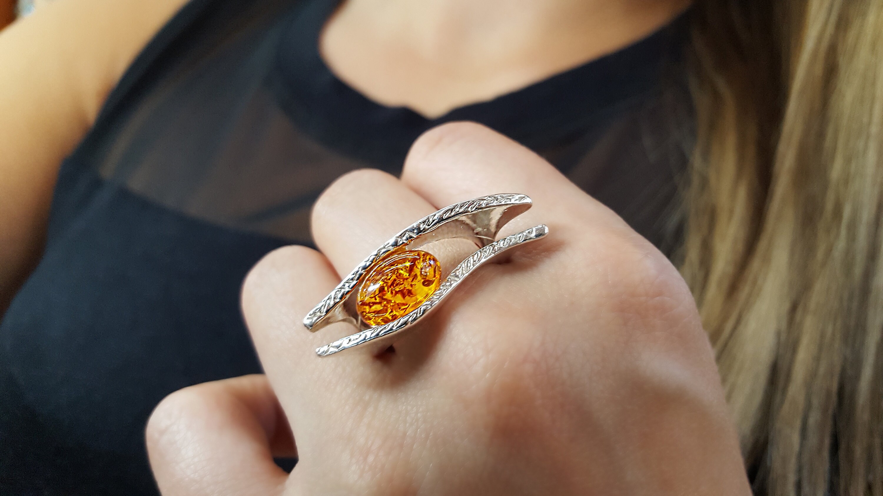 Long Horizontal Amber Ring Long Ring Natural Baltic Amber | Etsy