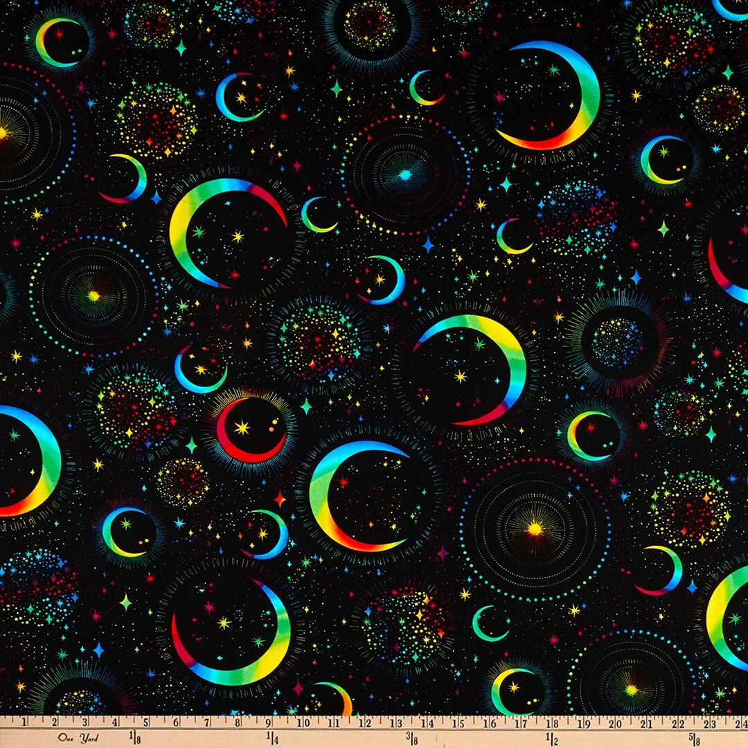 Moon & Stars Rainbow on Black Science Space by Timeless Treasures 44 ...