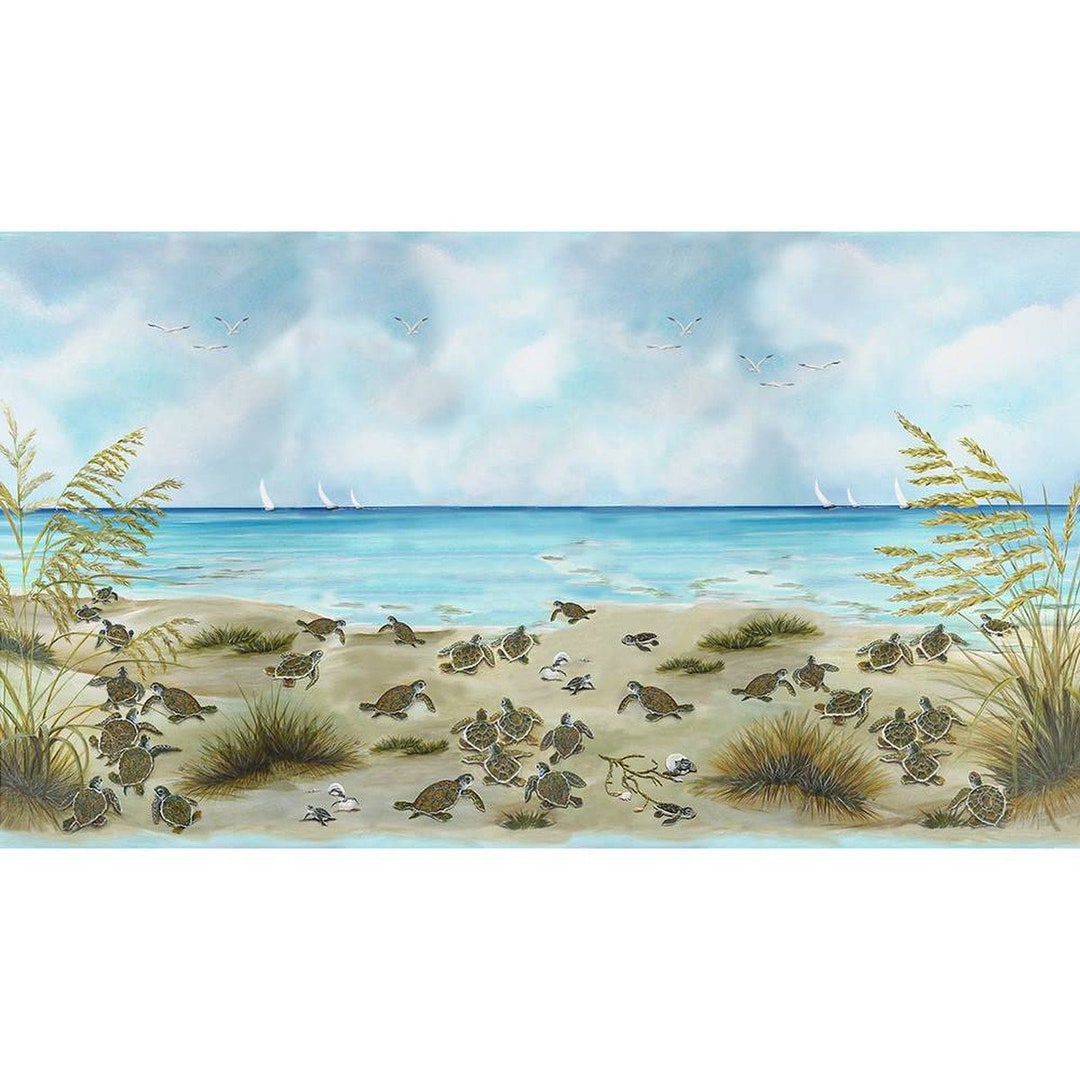 Turtle March Scenic Beach and Turtles Panel 24 in Sky Blue by Lisa ...