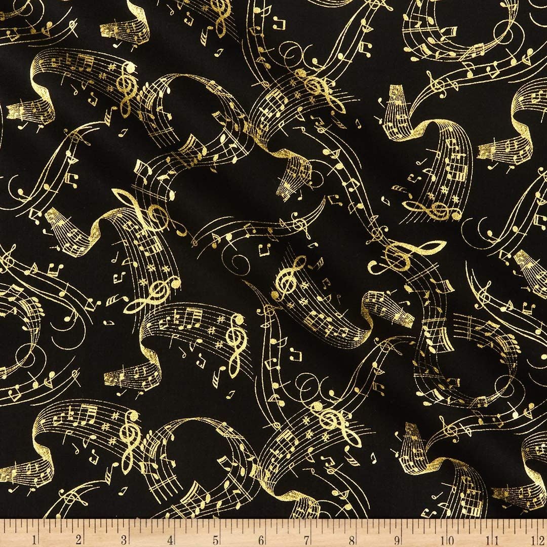 Music Notes in Metallic on Black by Timeless Treasures 44 Inches Wide ...