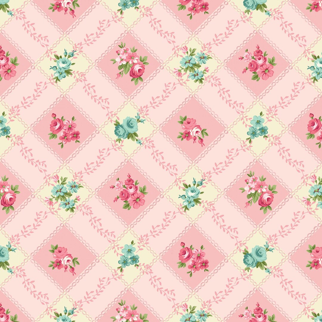 Serene Garden Trellis Florals Roses in Pink by Mary Jane Carey for ...
