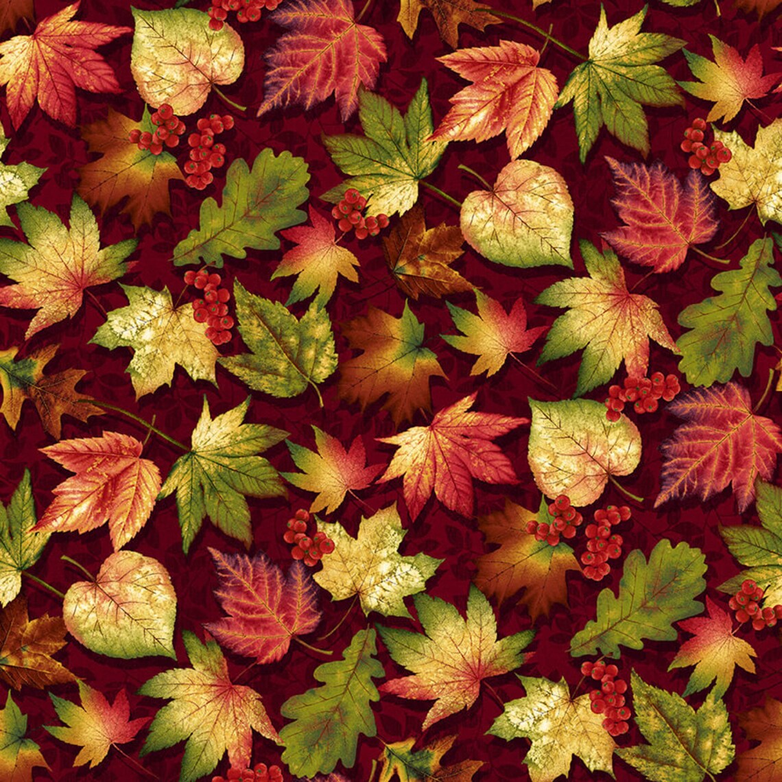 Autumn Flourish Maple Poplar Oak Leaves on Burgundy by Art - Etsy