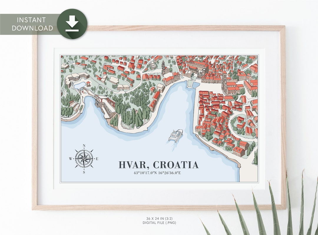 Hvar Coordinates Map | Instant PNG Download | Hvar Town, Hvar Island ...
