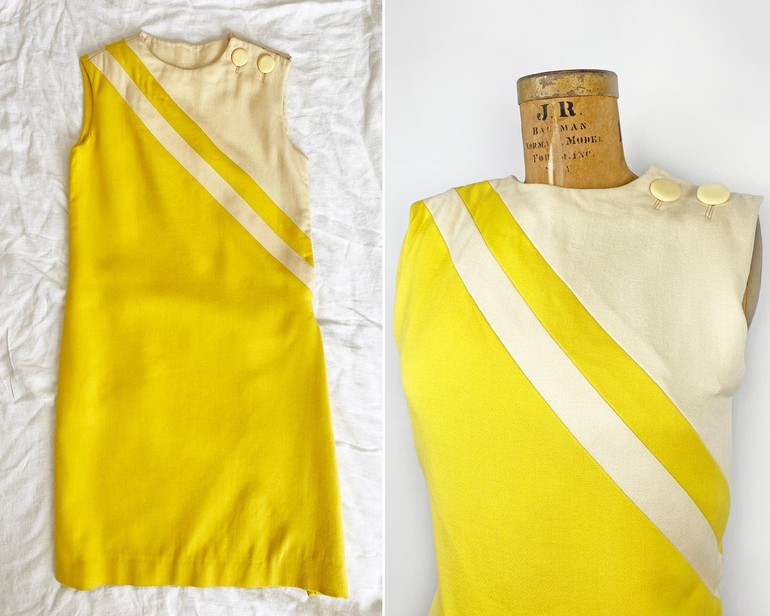 60s Mod Vintage Harvey Berin Karen Stark Wool Shift Dress Yellow White ...