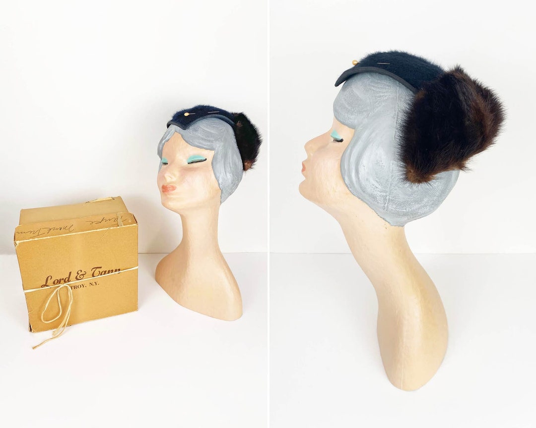 40s Vintage Angular Mink Black Hat Original Box Hat Pin Old Hollywood ...