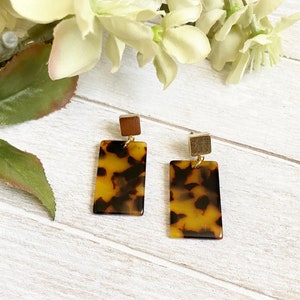 Dark Brown Rectangle 14K Gold Plated Post Tortoise Dangle Earrings ...