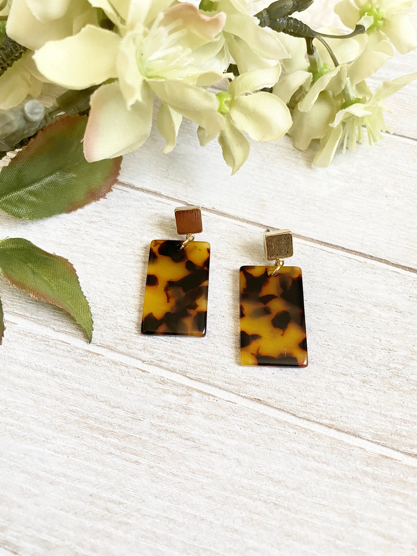 Dark Brown Rectangle 14K Gold Plated Post Tortoise Dangle Earrings ...