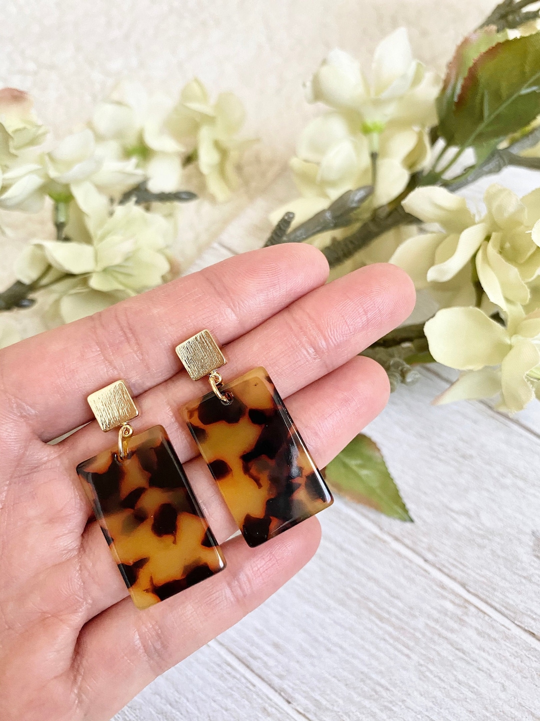 Dark Brown Rectangle 14K Gold Plated Post Tortoise Dangle Earrings, Tortoise Shell Earrings ...