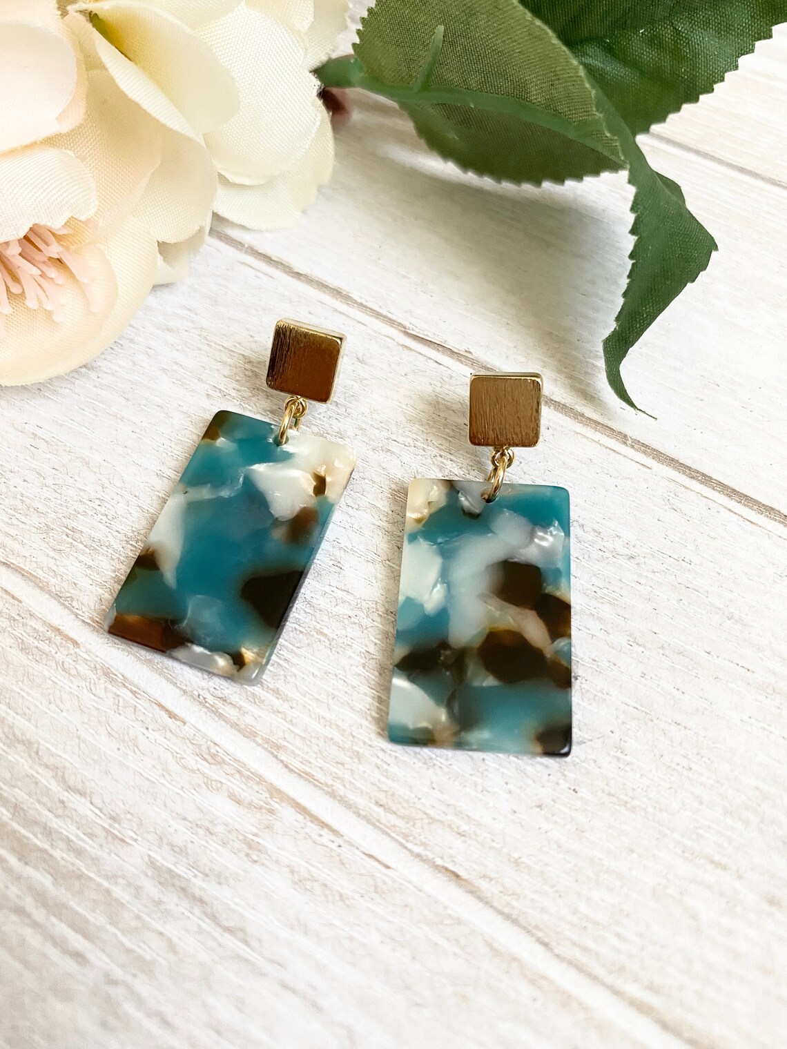 Sea Green Rectangle 14K Gold Plated Post Tortoise Dangle | Etsy