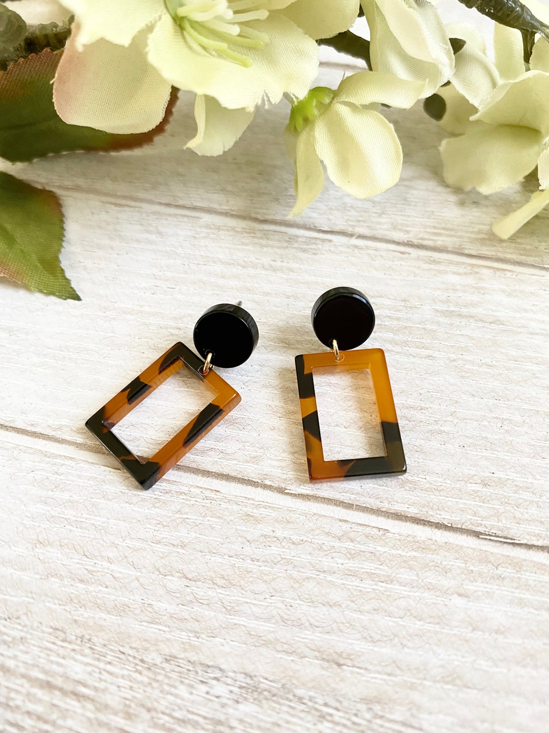Dark Brown Rectangle Tortoise Drop Earrings, Dainty Tortoise Earrings, Tortoise Shell Earrings ...