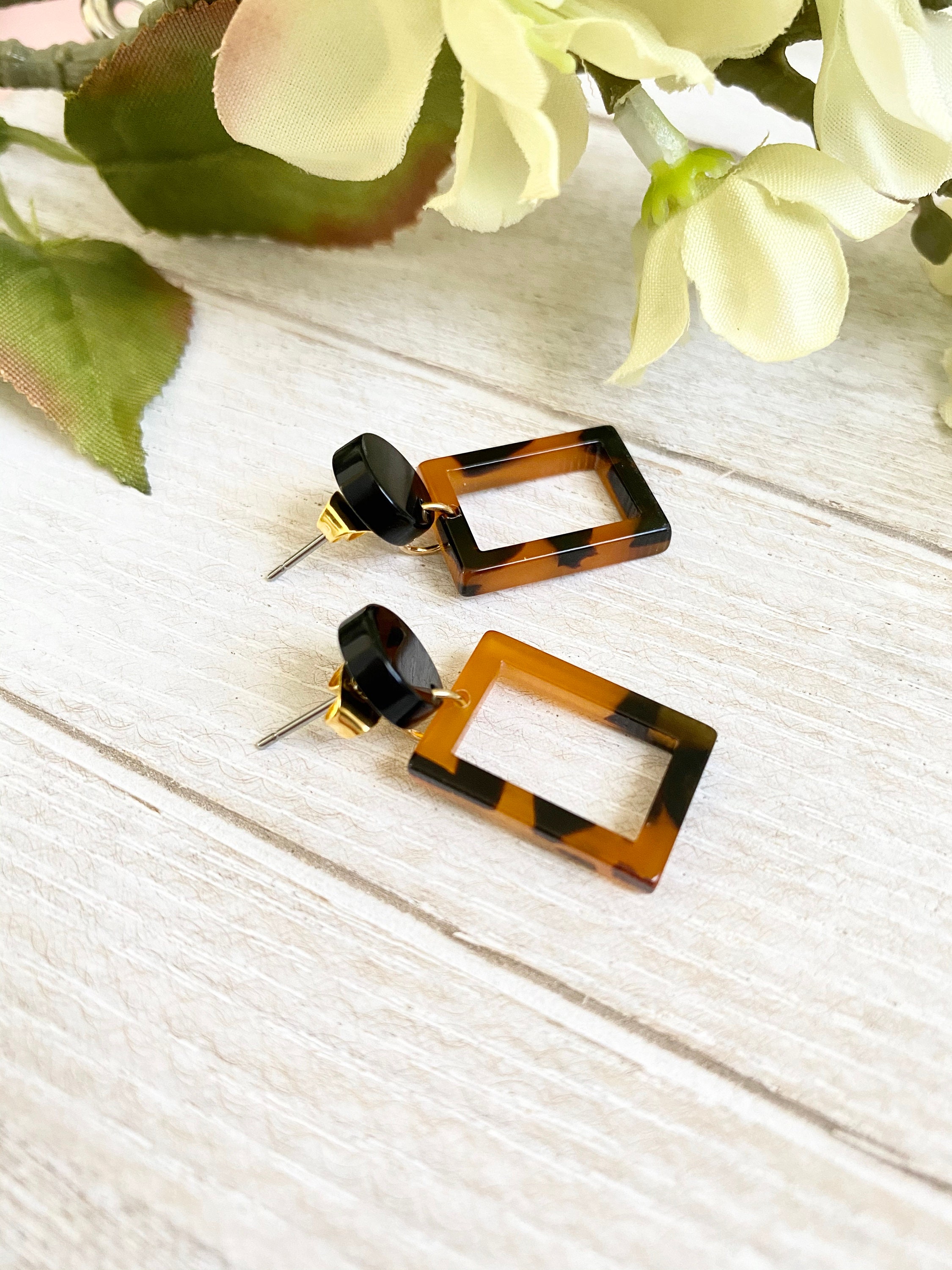 Dark Brown Rectangle Tortoise Drop Earrings Dainty Tortoise | Etsy