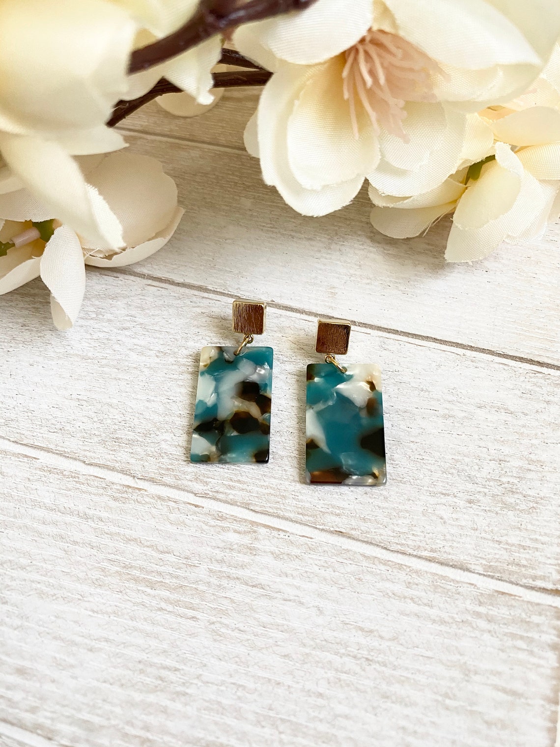 Sea Green Rectangle 14K Gold Plated Post Tortoise Dangle | Etsy