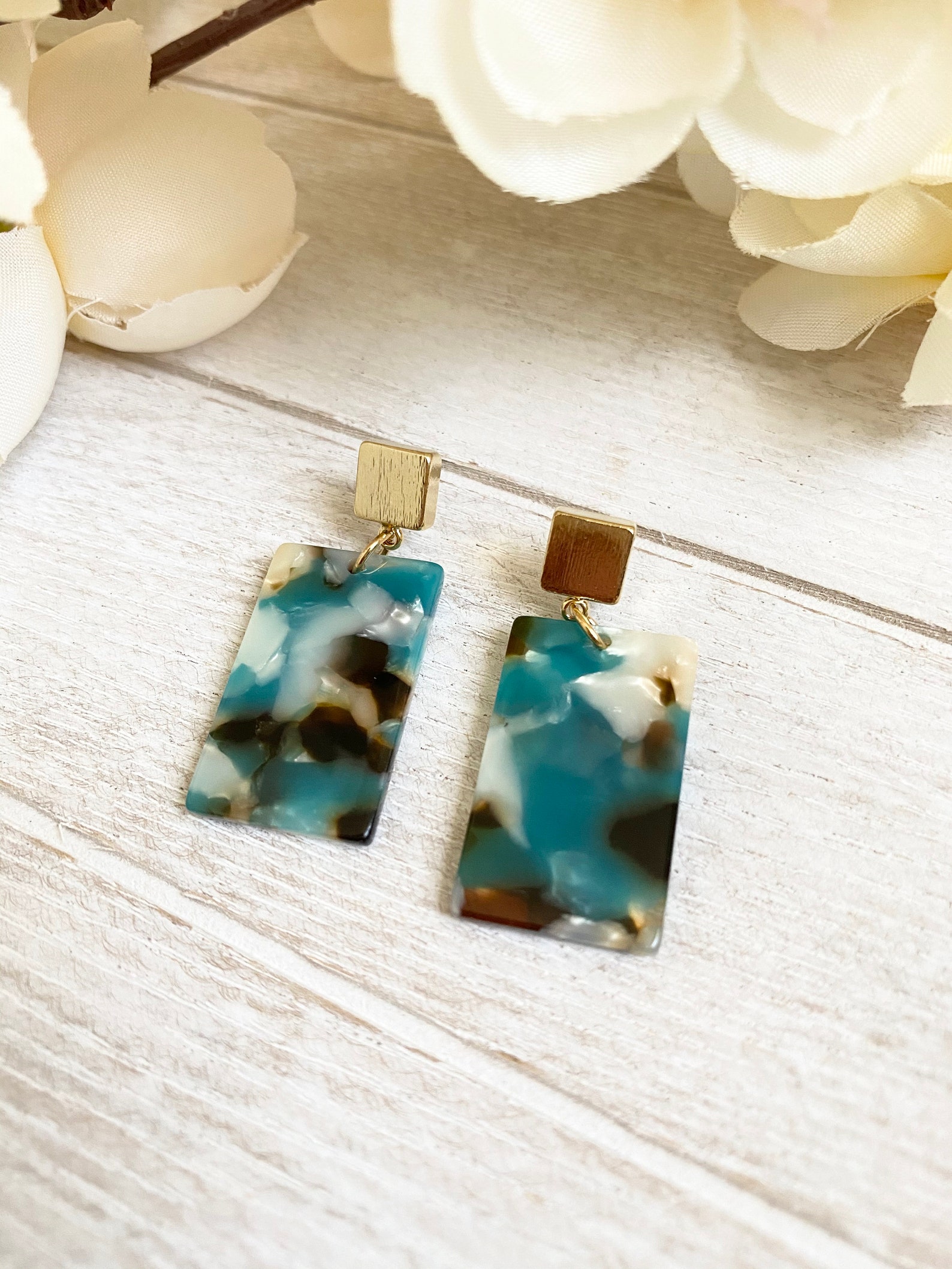 Sea Green Rectangle 14K Gold Plated Post Tortoise Dangle - Etsy