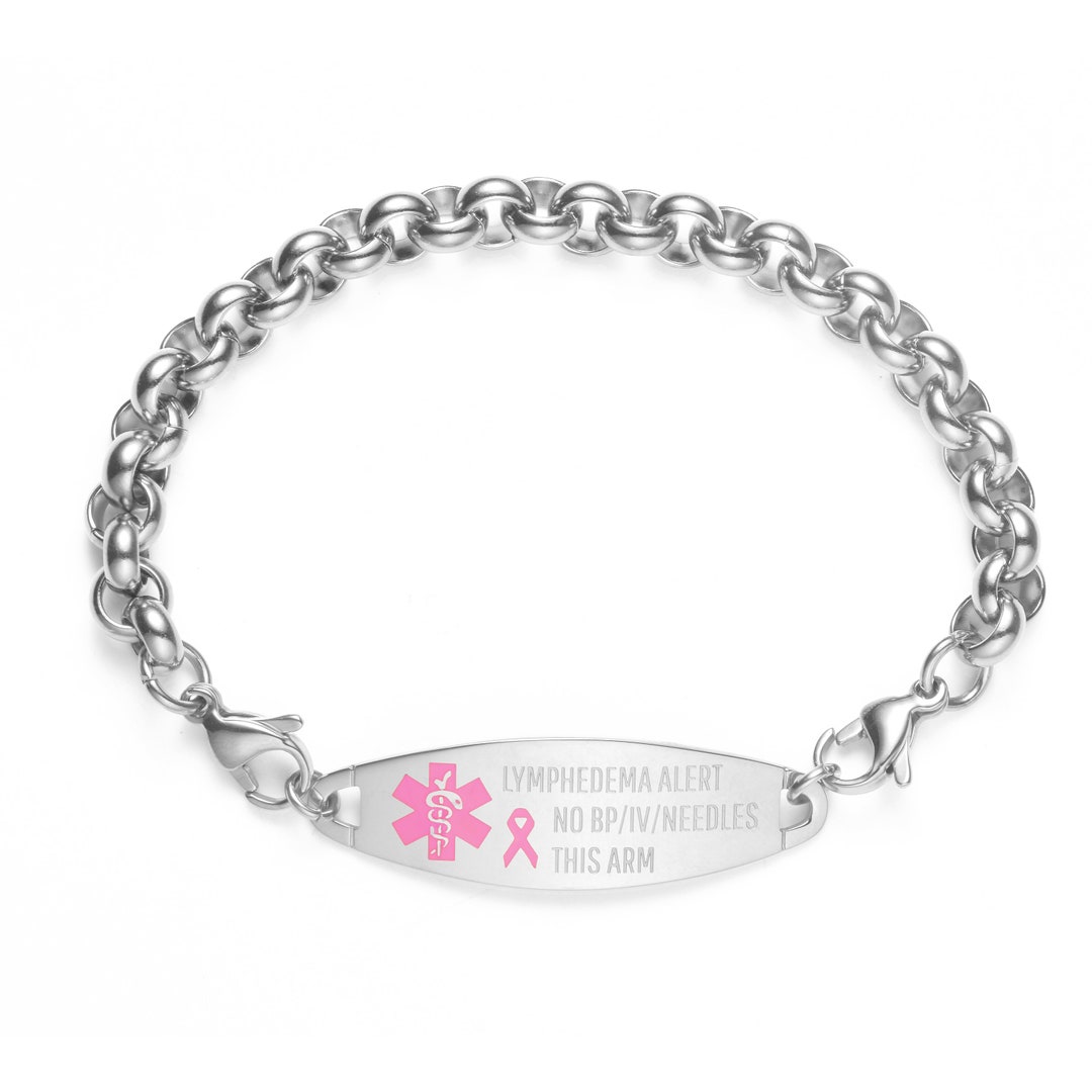 Medical ID Silver Stainless Rolo Pink Ribbon Symbol Lymphedema No BP IV ...