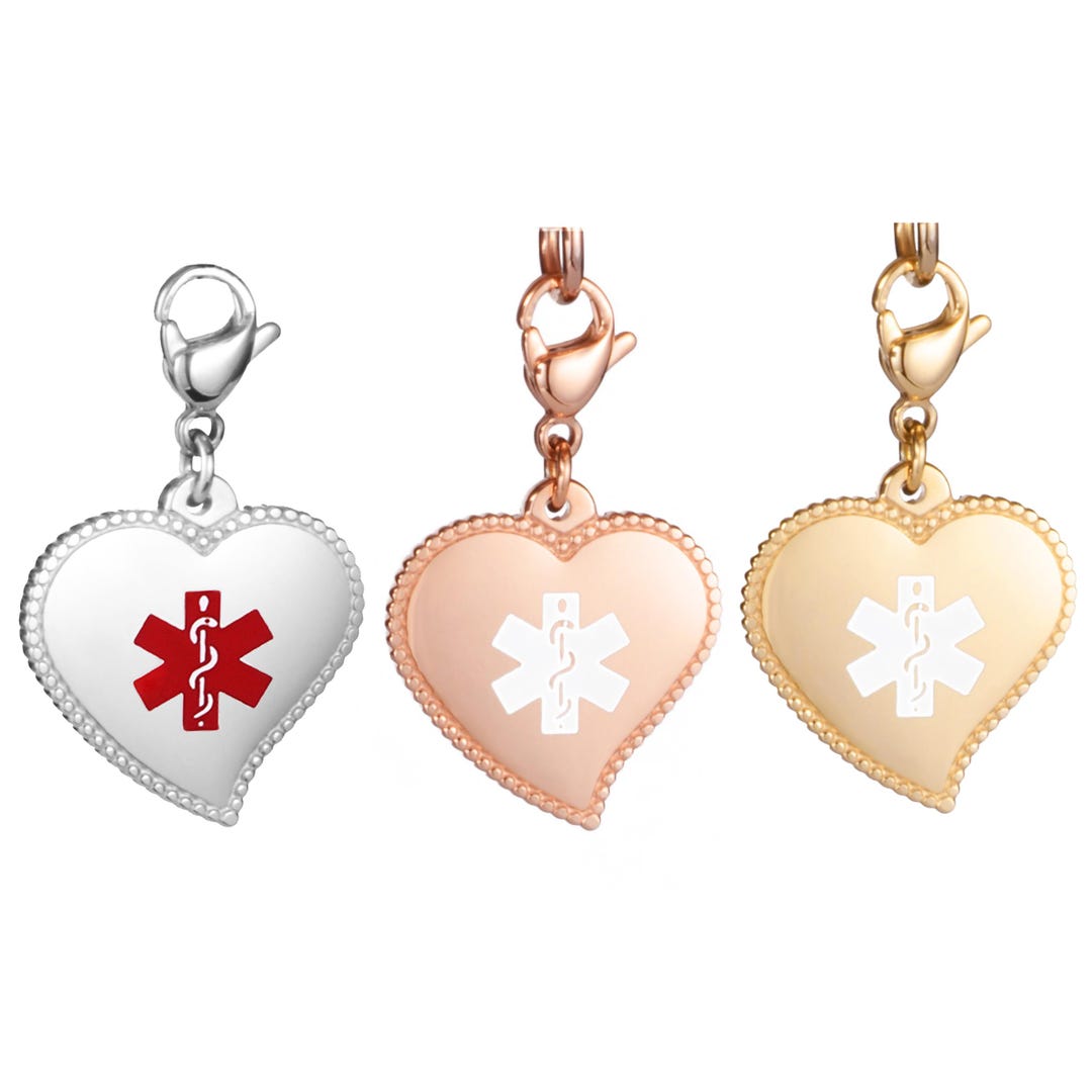 CUSTOM ENGRAVE! Stainless Steel Medical ID Heart Charm 3 Colors Silver ...