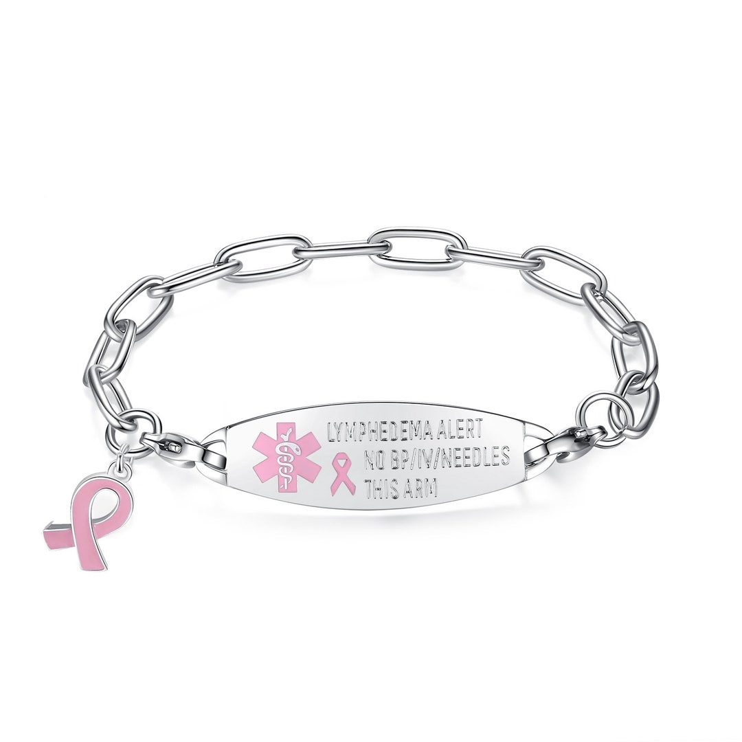 Medical ID Pink Ribbon Charm Link Lymphedema No BP IV Bracelet - Etsy