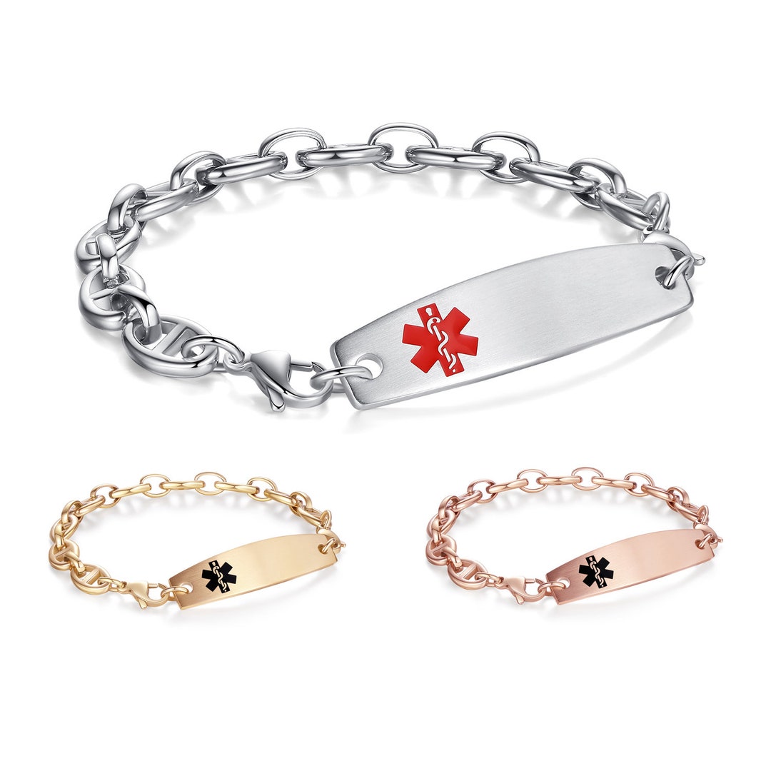 CUSTOM ENGRAVE! Medical Alert ID Stainless Oval Link Bracelet 3 Colors ...