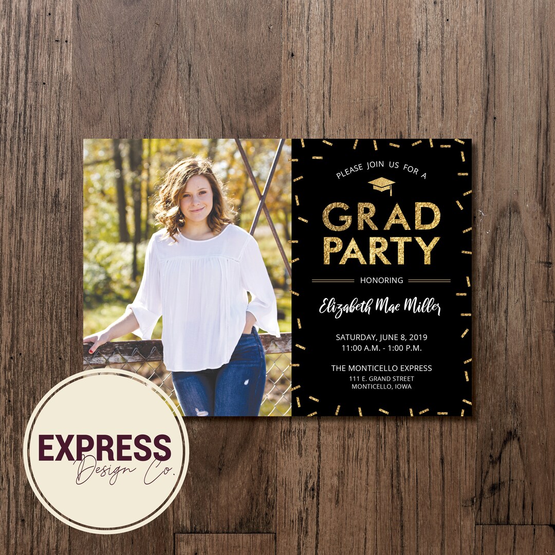 CUSTOMIZED Gold Glitter Graduation Cap Photo Grad Party Invitation - Etsy