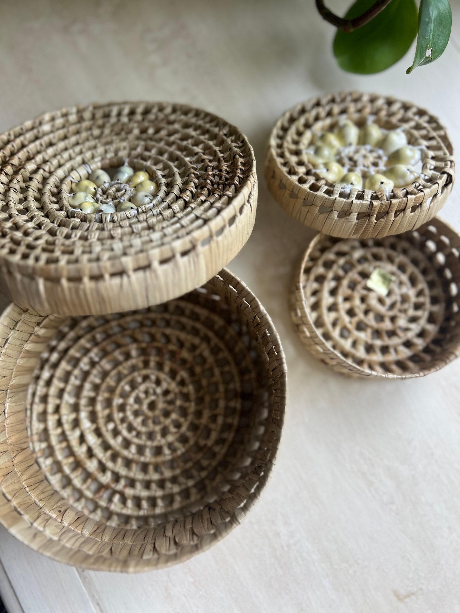 Set of 2 Vintage Wicker Cowrie Shells Woven Sweetgrass Baskets Trinket ...