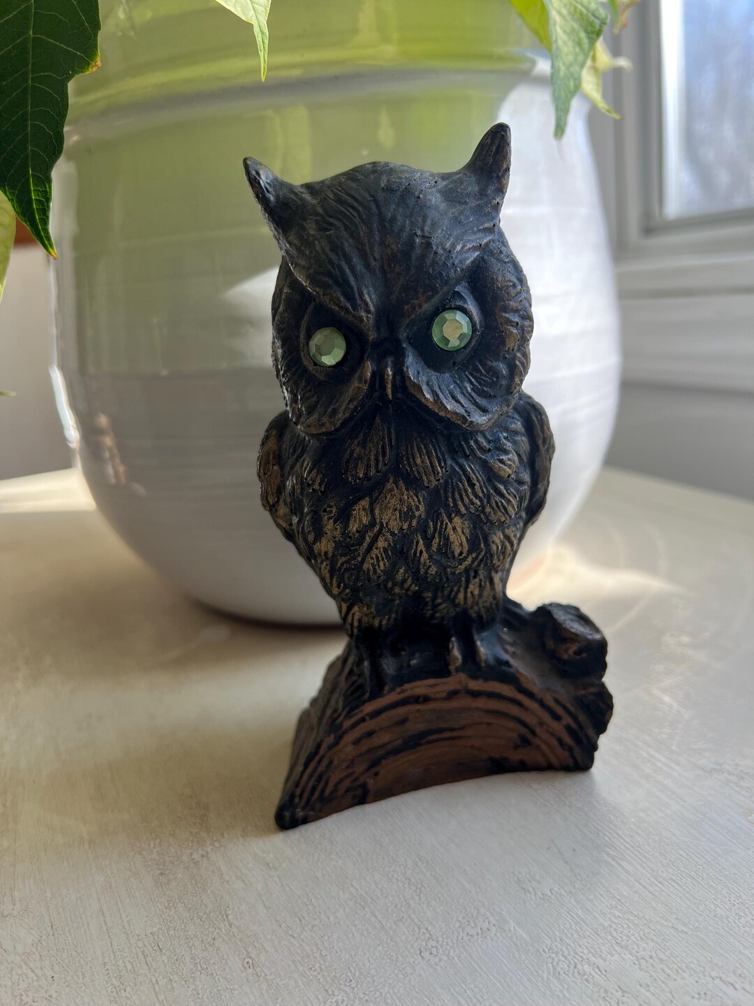 Vintage Coal Owl Figurine / Black Gold Owl / Green Jeweled Eyes / Free Shipping - Etsy