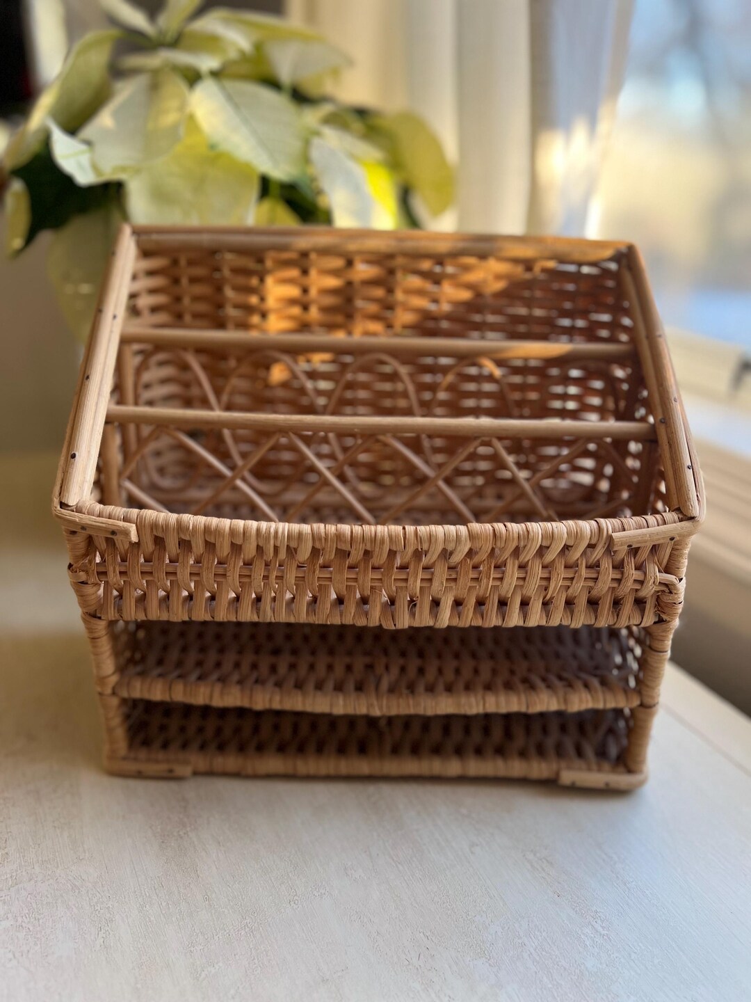 Vintage Rattan Desk Organizer / Bamboo Cane / Bill Box / Office Storage ...