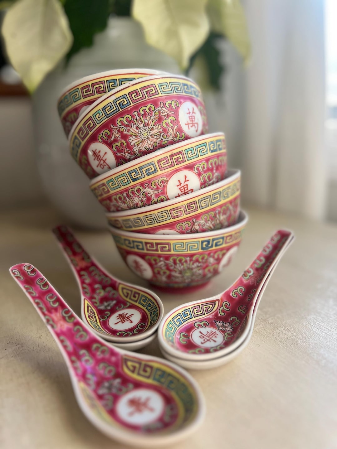 Set of 4 Pink Asian Rice Bowls /chinese Soup Bowls & Spoons / Longevity ...