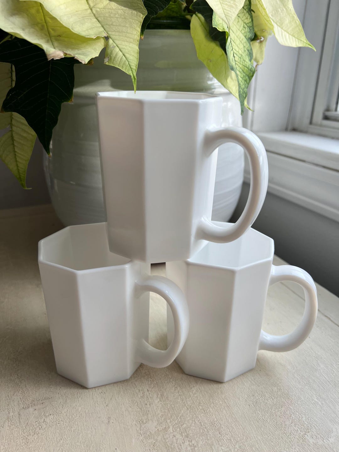 Vintage Set of 3 White Coffee Cups / France White Milk Glass Octagon ...