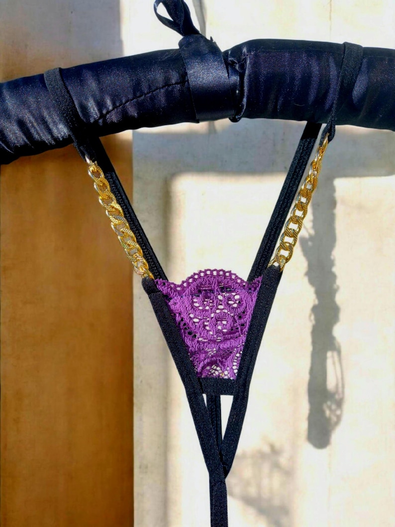 Purple Floral Open Front Lace Micro String Thong – Gold Chain, Black ...