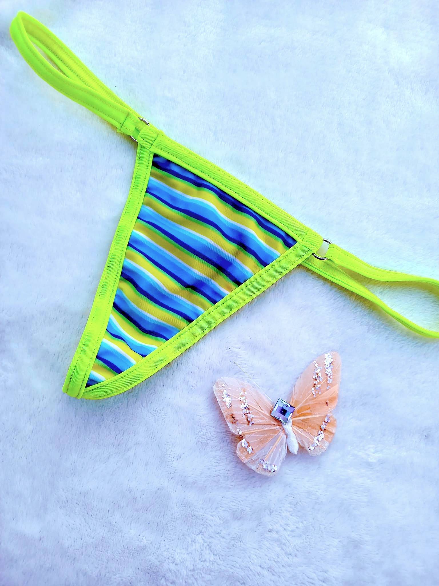 String Thong Panties Neon Striped Pattern Thong Bikini Thong Etsy