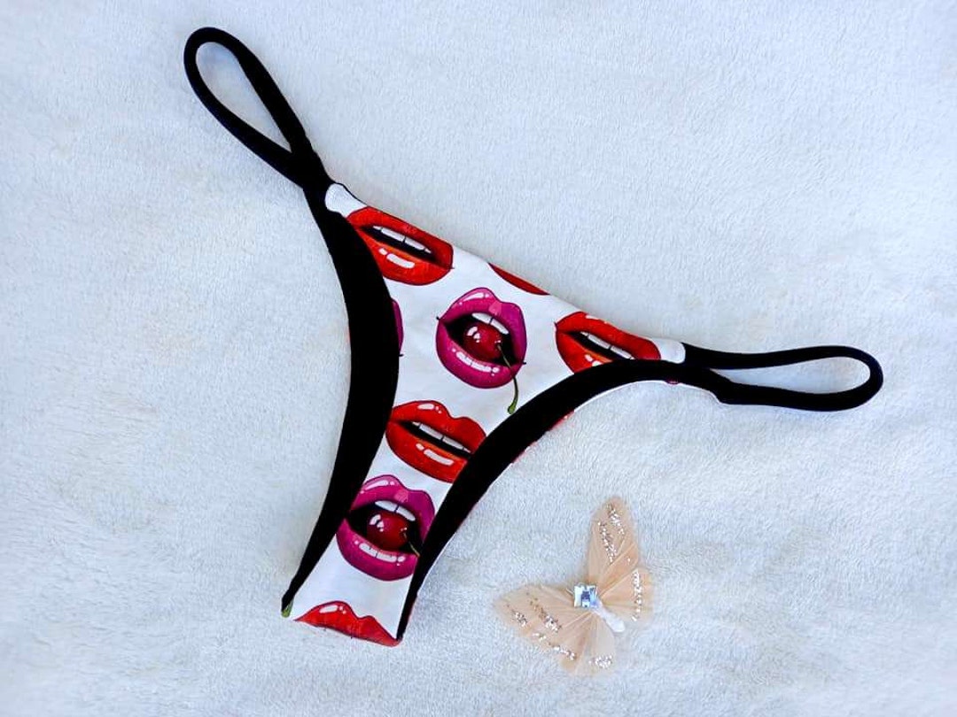 Lip-cherry Print Seamless Cotton String Thong Thong Bottom - Etsy