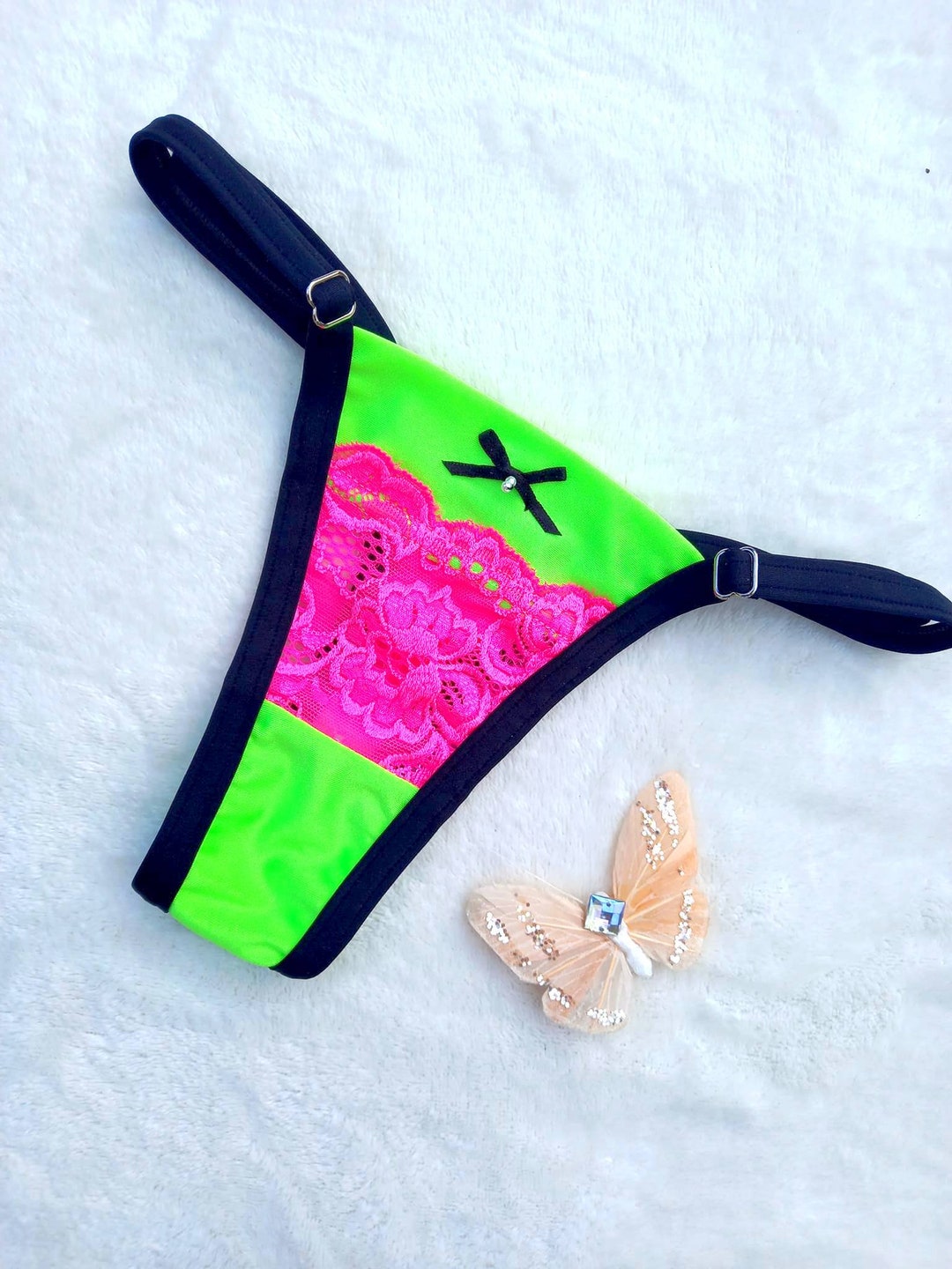 String Thong With Hot Pink Lace Y-thong T-string Lace Lingerie Thong ...