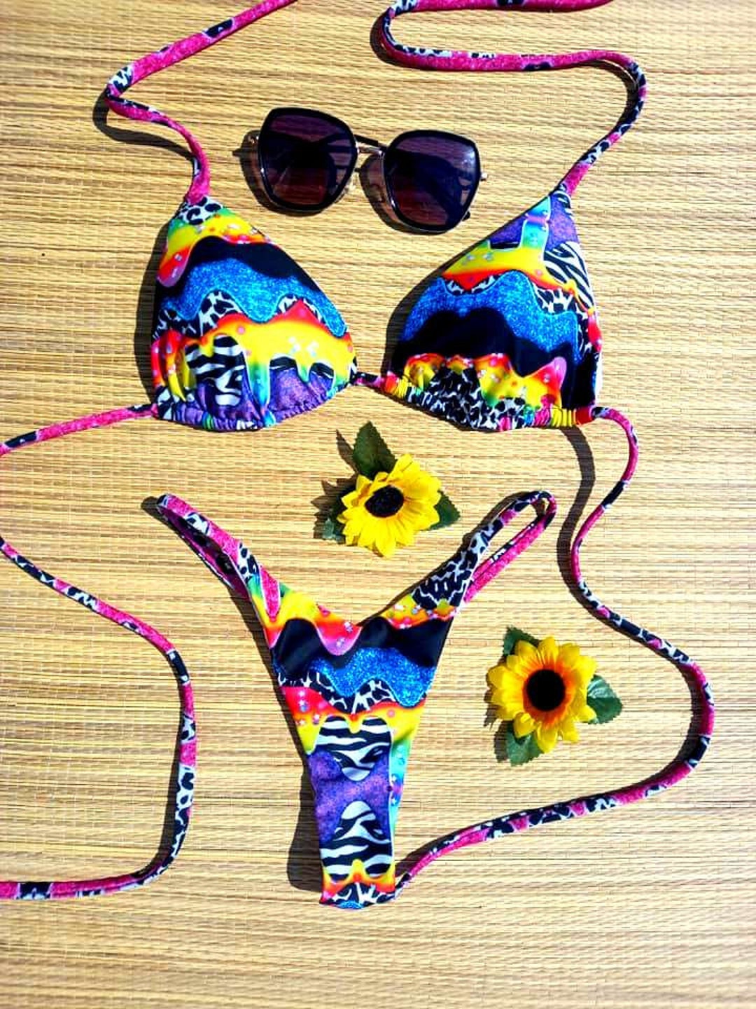 Paint Pattern High Cut Thong Bikini Set Triangle Bikini V-front Bikini ...