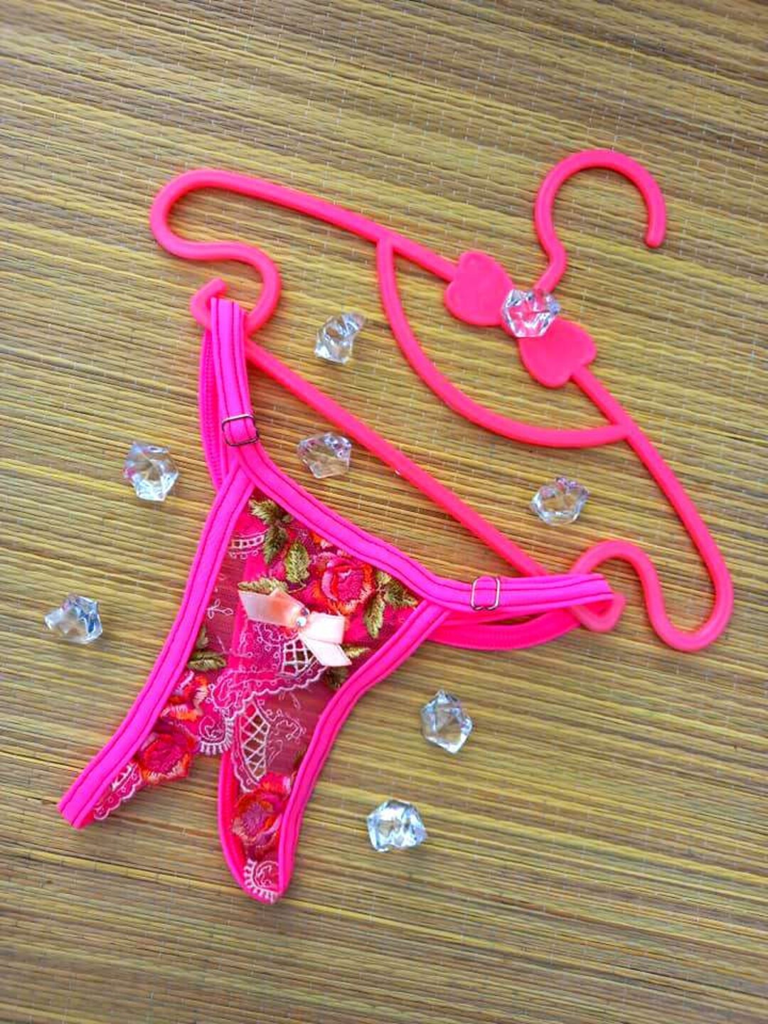 Pink Green Floral Open Front Lace Thong – Sheer Adjustable Panty - Etsy