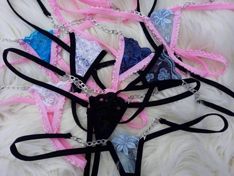 White Micro Lace String Thong – Open Front Panties with Black Straps ...