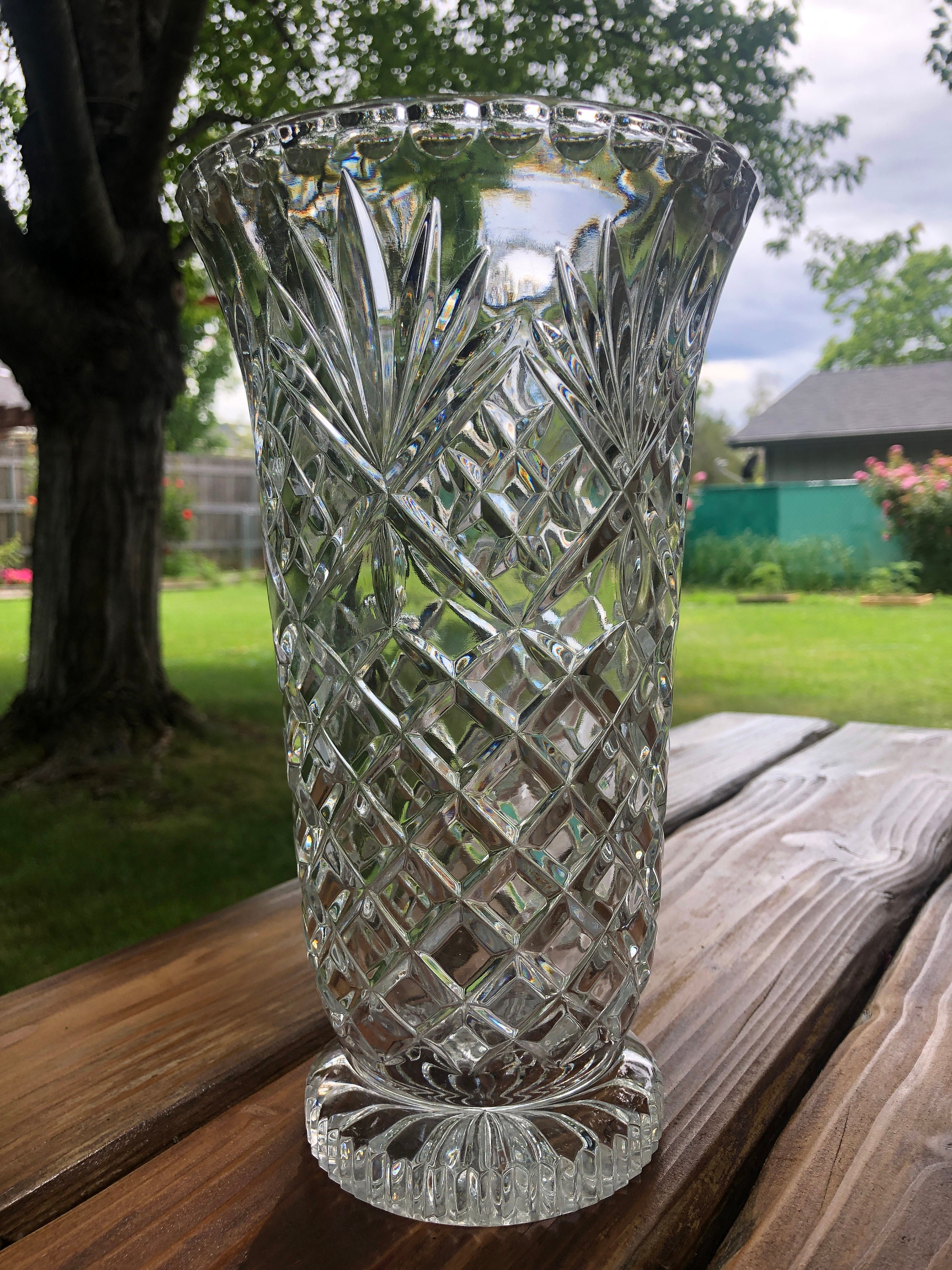 Tall Lead Crystal Flower Vase Circular Pedestal Vintage - Etsy