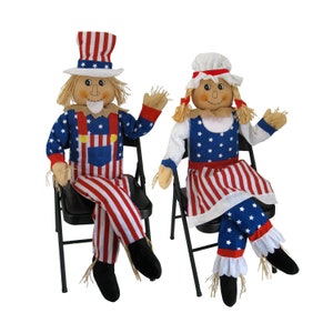 60" Large Sitting Scarecrow Couple Pair Uncle Sam Patriotic Fall ...