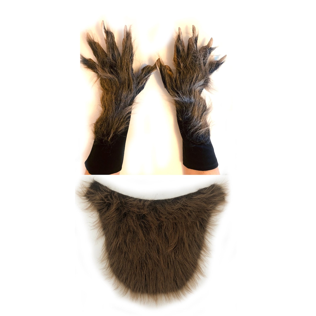 Brown Werewolf Combo Gloves & Fur Collar Adult Wolf Beast Costume ...