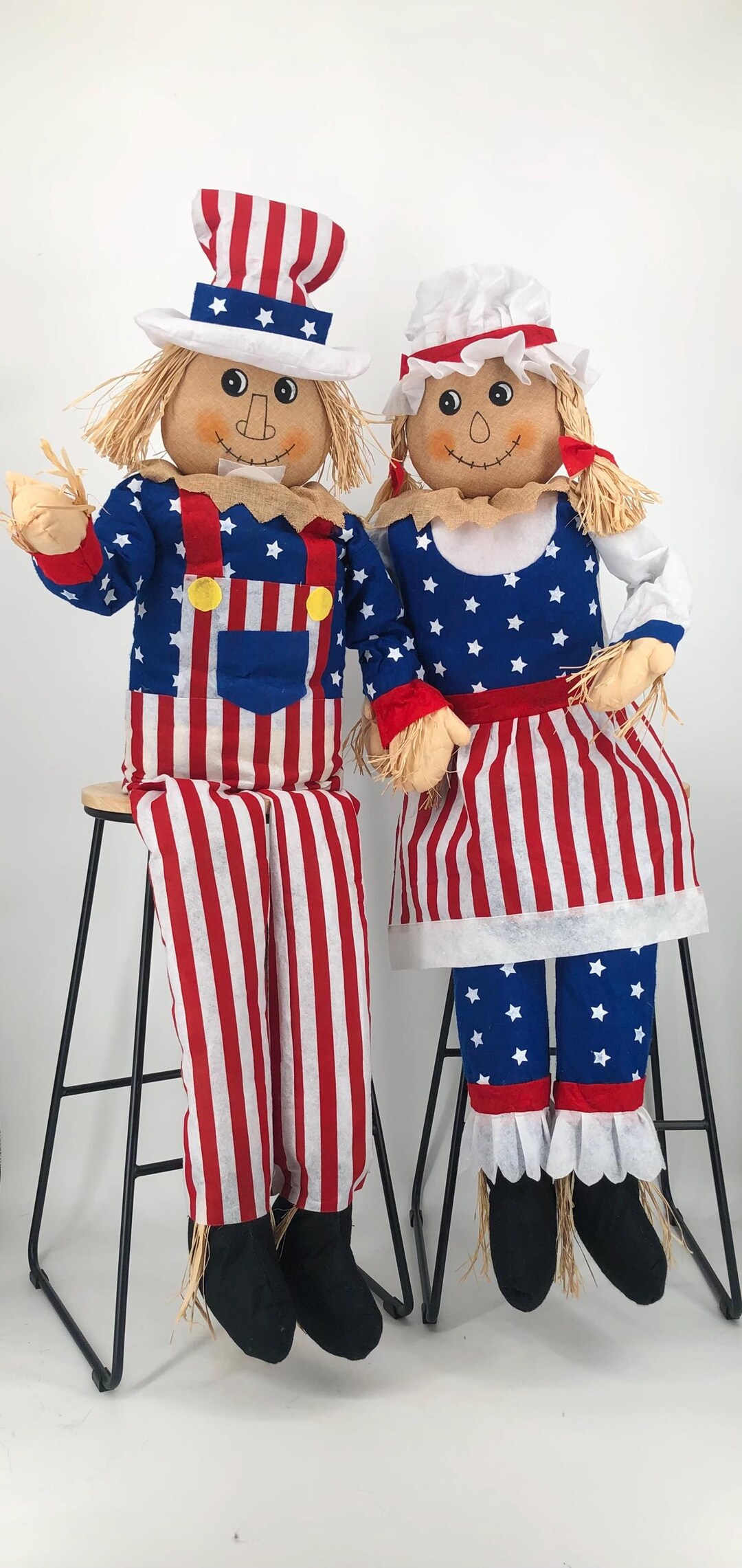 60" Large Sitting Scarecrow Couple Pair Uncle Sam Patriotic Fall ...