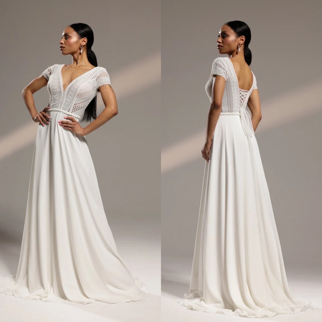 Simple and Elegant Wedding Dress Lore, V-neck Chiffon Wedding Dress ...