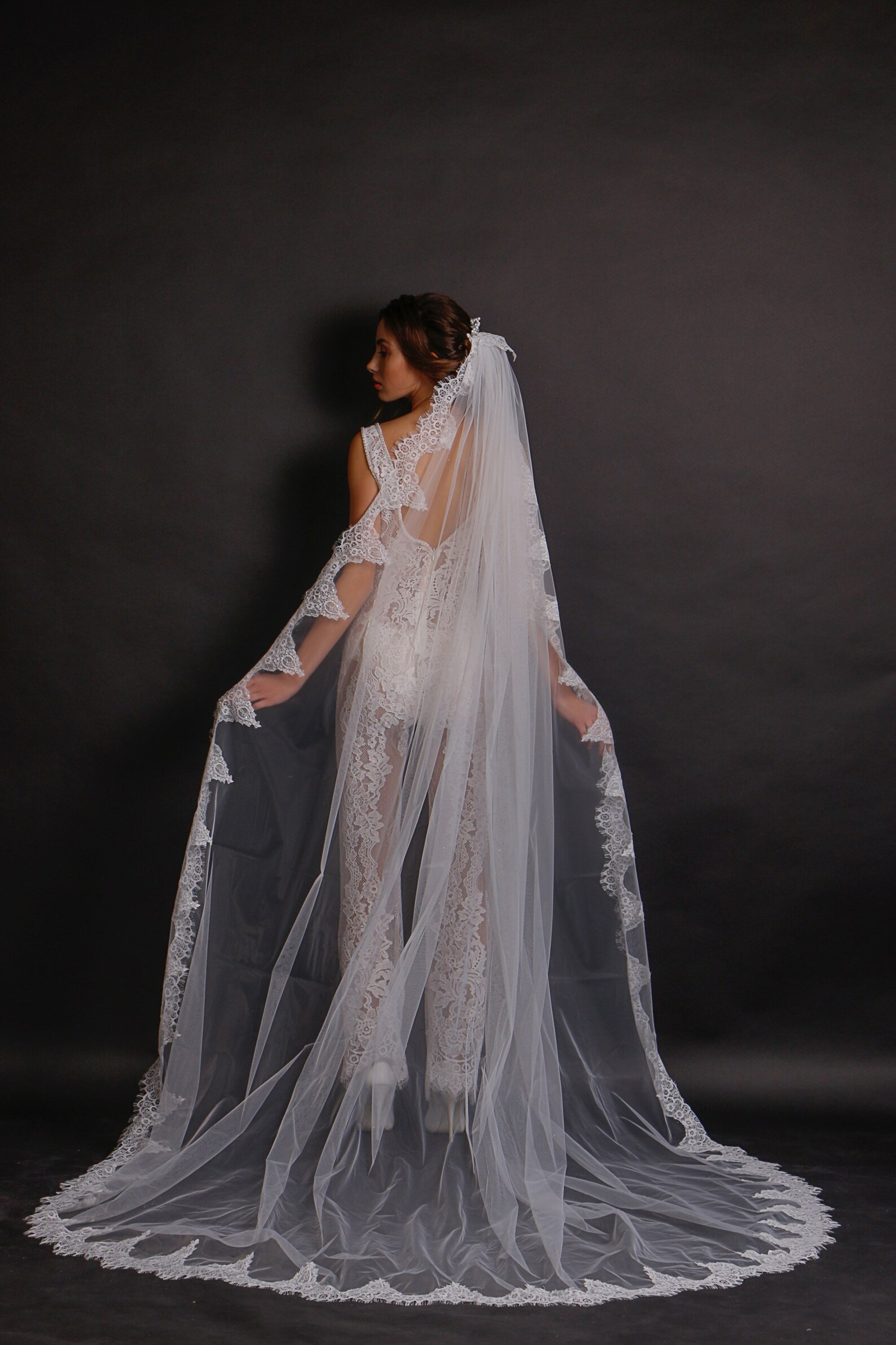 Long Lace Edged Veil Wedding Lace Veil Lace Edged Veil Long | Etsy