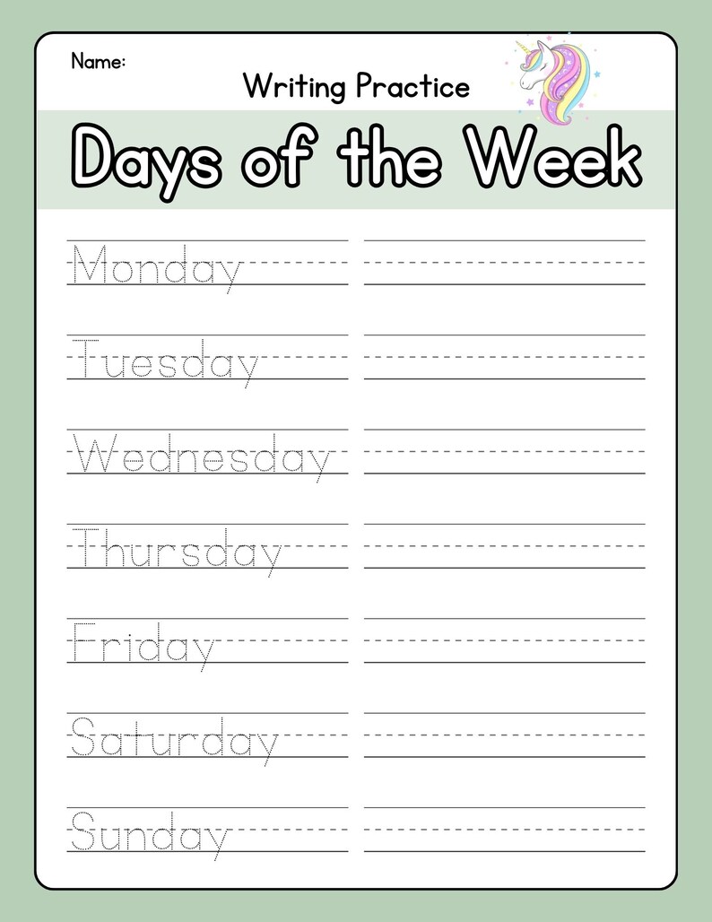Days of the Week Printable Upper Case and Lowercase Writing Practice ...