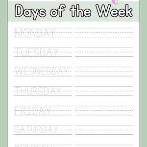 Days of the Week Printable Upper Case and Lowercase Writing Practice ...