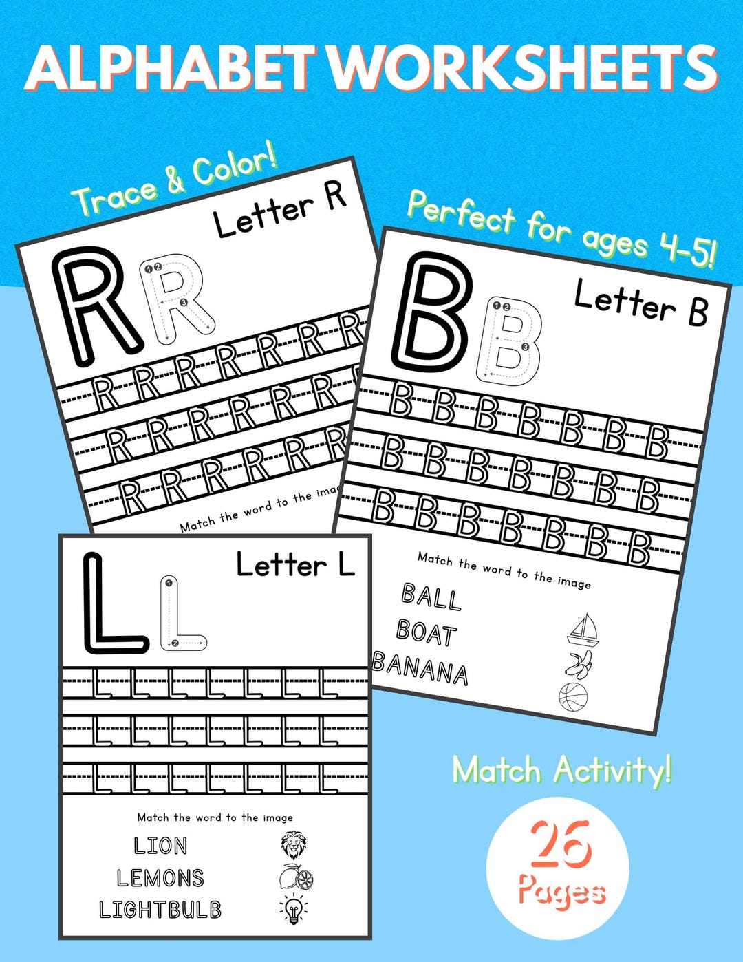 Alphabet Tracing Worksheets | Trace, Color, and Match (PDF Pattern) - Etsy
