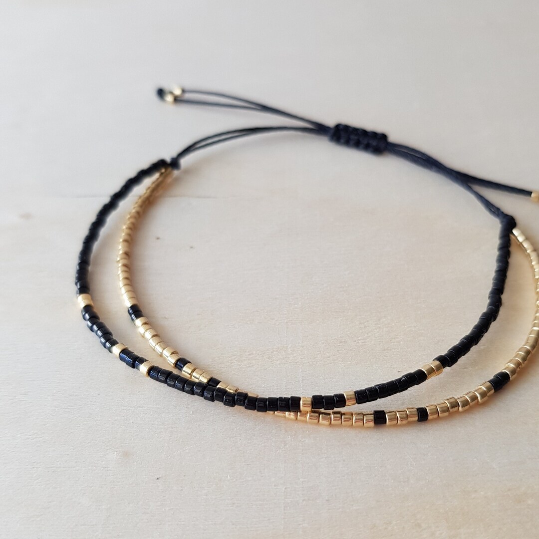 Dainty Black Gold Beaded String Bracelet, Adjustable Minimalist Tiny ...