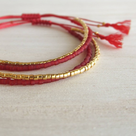 Red String Bracelet Gold and Red Seed Bead Bracelet - Etsy