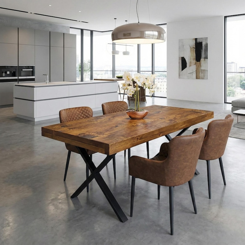 Grantham XF Dining Table Natural Thick Rustic Wood XF Industrial Steel ...